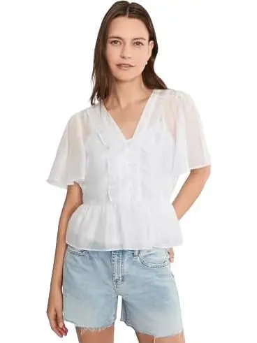 Vince Camuto V-neck Double Ruffle Buttondown Peplum Top With Flutter Sleeves - White