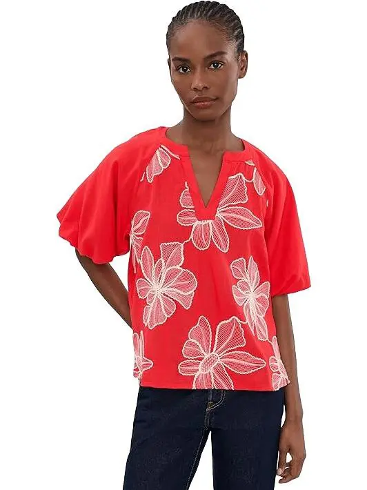 Vince Camuto Contrast Split Neck Band Bubble Sleeve Top - Red
