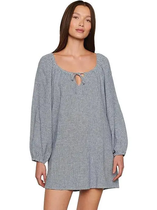 Eberjey Gingham Linen Blend Balloon Sleeve Dress - Gray