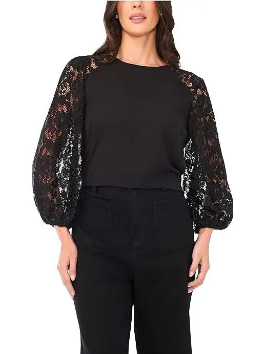 Vince Camuto Crew Neck Lace Sleeve Top - Black