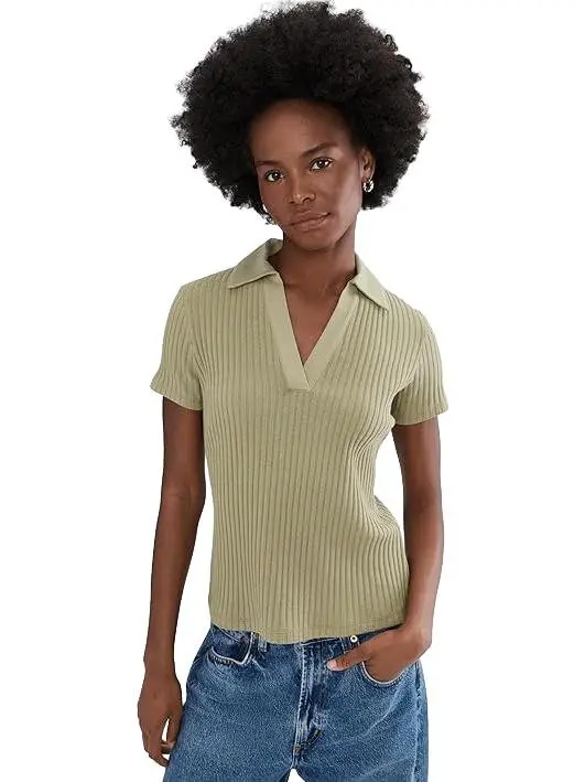 Vince Ribbed V-neck Short Sleeve Polo - Olive