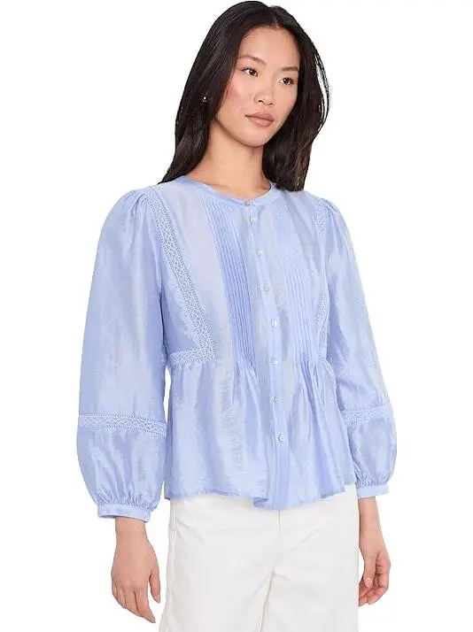 Vince Camuto Crew Neck Long Sleeve Top With Pleated Front And Lace Detail - Purple