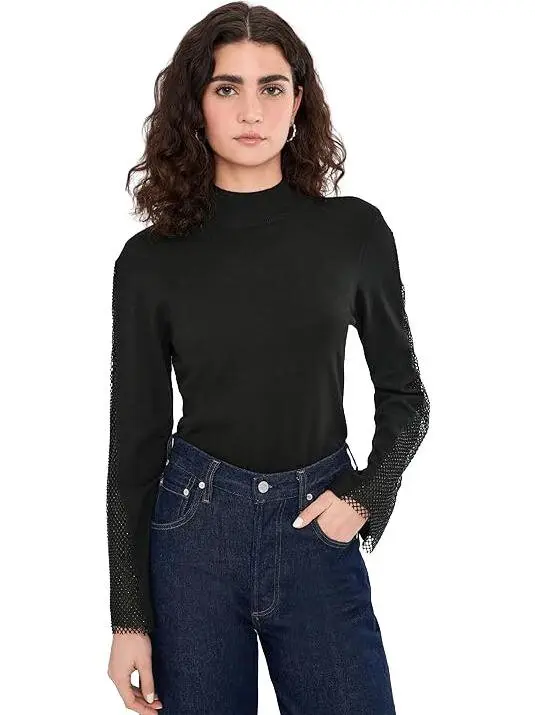Vince Camuto Rhinestone Embellished Mock Neck Bell Sleeve Top - Black