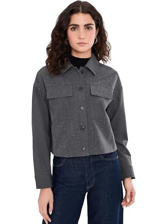 Vince Camuto Cropped Shacket With Embellished Pockets - Gray