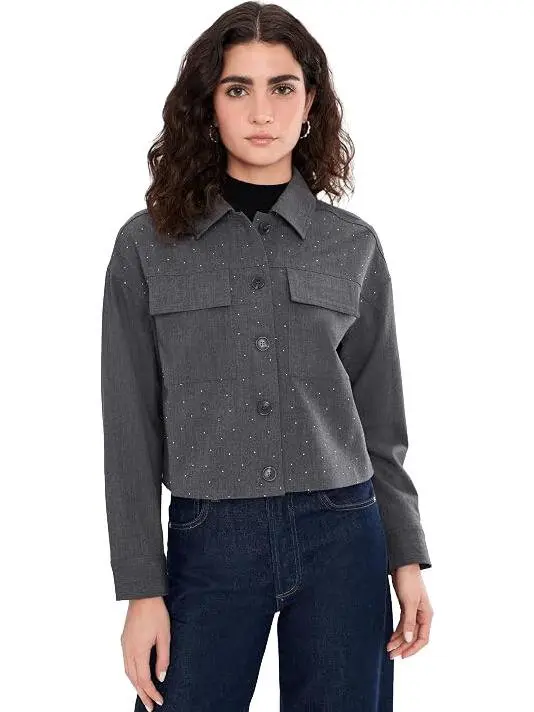 Vince Camuto Cropped Shacket With Embellished Pockets - Medium Heather Grey
