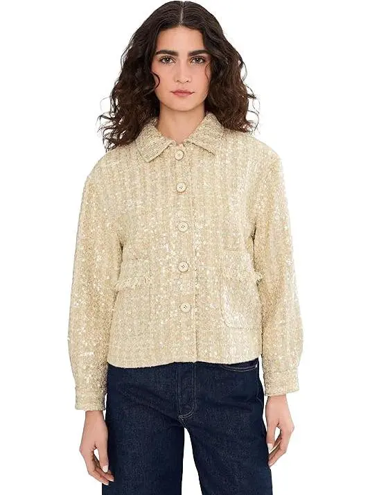 Vince Camuto Long Sleeve Sequined Tweed Jacket - Gold