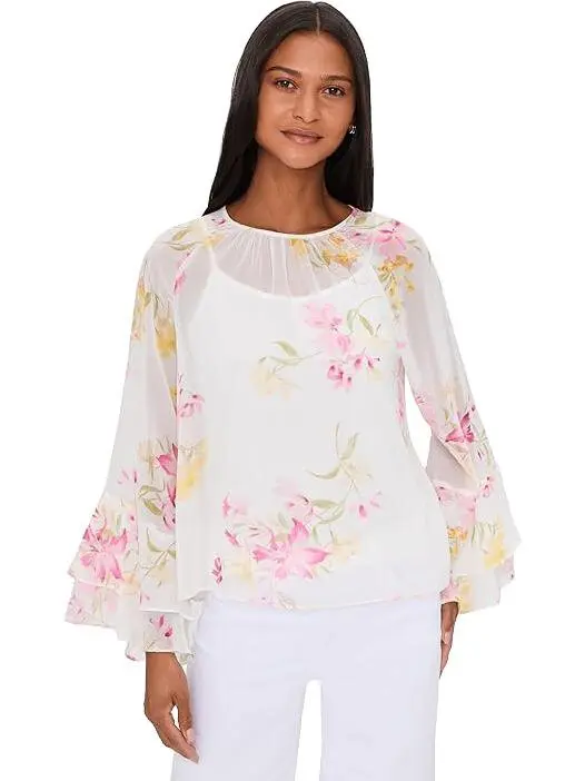 Vince Camuto Floral Print Double Ruffle Sleeve Blouse - White