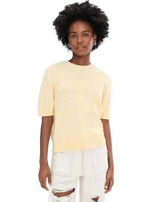 Vince Camuto Floral Applique Short Sleeve Crew Neck Top - Beige