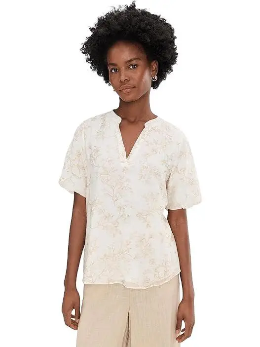 Vince Camuto Notch Neck Short Puff Sleeve Printed Top - Tan