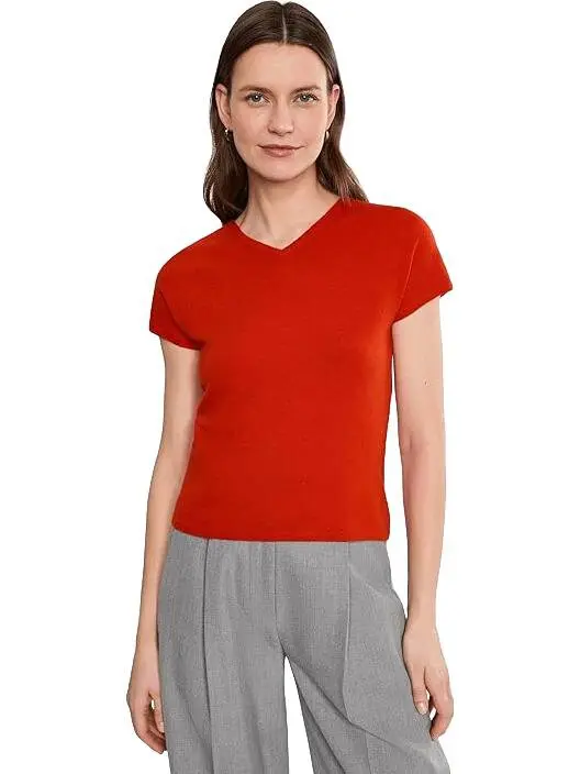 Vince High V-neck Short Sleeve Sweater - Red