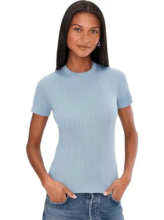 Vince Ribbed Short Sleeve Crew Neck T-shirt - Blue