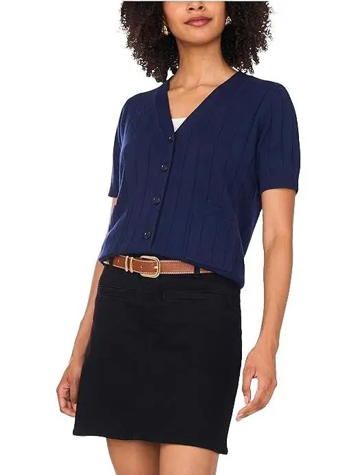 Vince Camuto Rib Short Sleeve V-neck Cardigan With Pockets - Navy