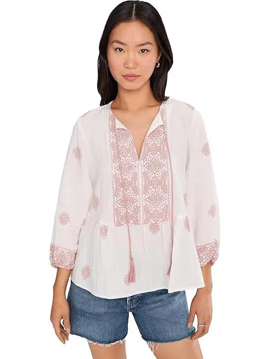 Vince Camuto Embroidered Peasant Blouse With Tie Neck - Red