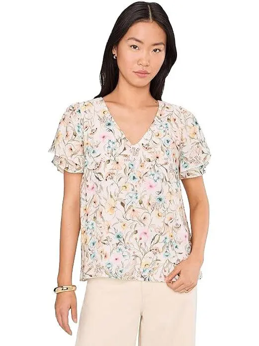 Vince Camuto Floral Print V-neck Tulip Sleeve Blouse - White
