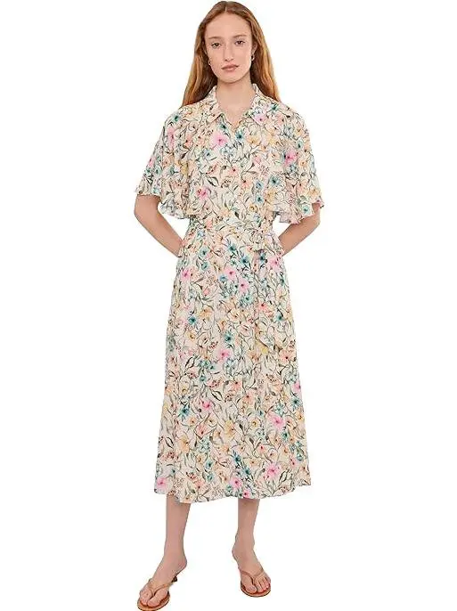 Vince Camuto Flutter Sleeve Floral Print Midi Dress - White