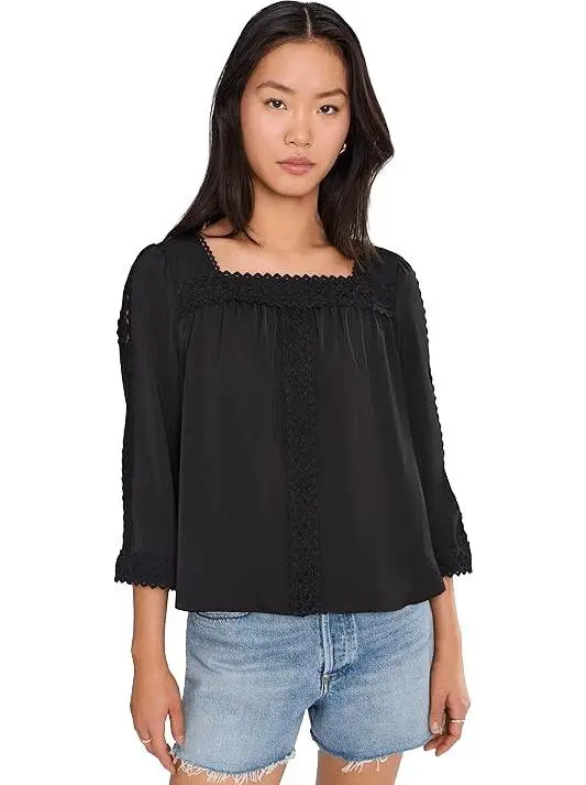 Vince Camuto Square Neck Lace Yoke Blouse - Black