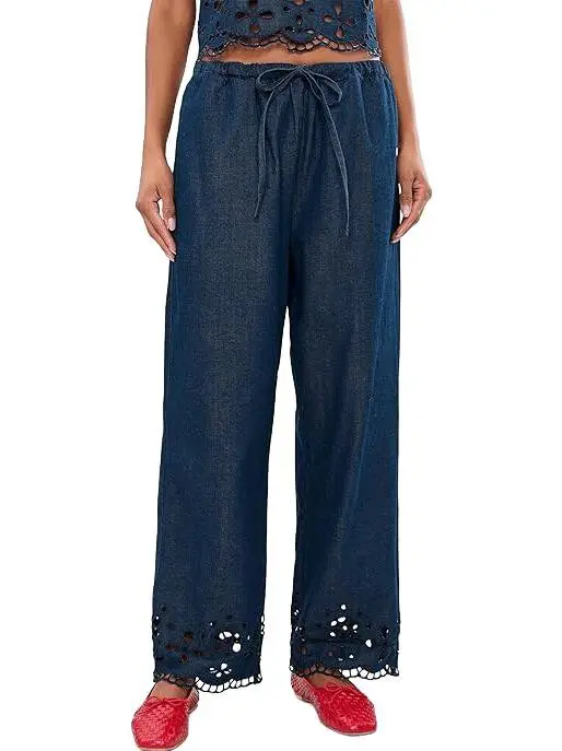 Madewell Denim Embroidered-hem Wide-leg Pull-on Pants - Navy