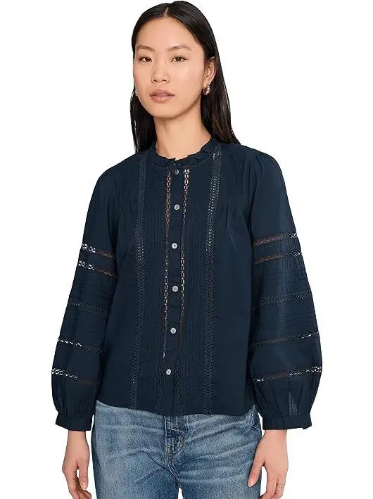Madewell High-neck Lace-insert Pintuck Top - Navy