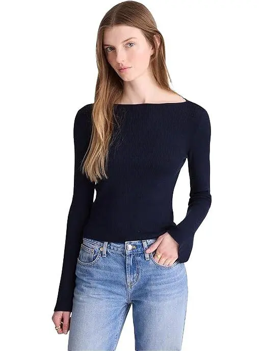 Madewell Flared-sleeve Boatneck Sweater In Merino Wool-silk Blend - Navy