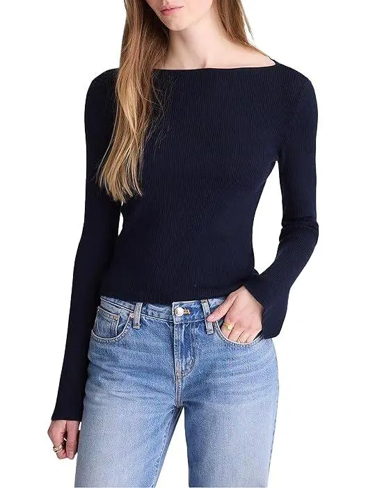 Madewell Flared-sleeve Boatneck Sweater In Merino Wool-silk Blend - Navy