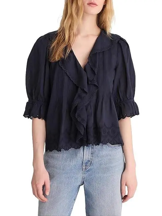 Madewell Ruffled Puff-sleeve Top - Navy