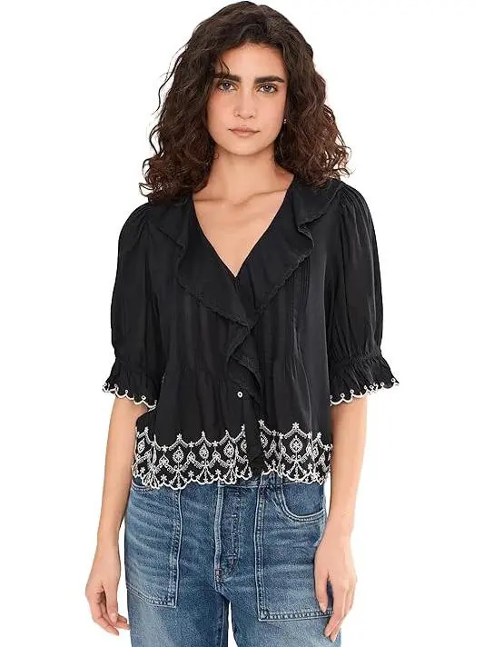 Madewell Ruffled Puff-sleeve Top With Contrast Embroidery - Black