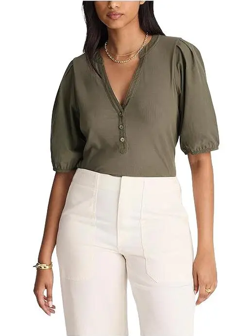 Madewell V-neck Puff Sleeve Button-up Top - Olive