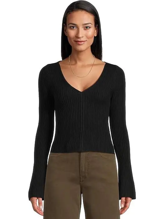 Madewell Ribbed Merino Flare Sleeve V-neck Sweater - Black
