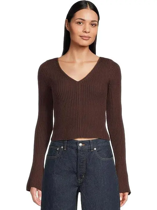Madewell Ribbed Merino Flare Sleeve V-neck Sweater - Brown