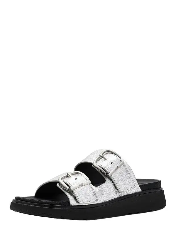 Fitflop Gen Ff Buckle Tumbled Leather Two Bar Slides Wedge Shoes - Silver