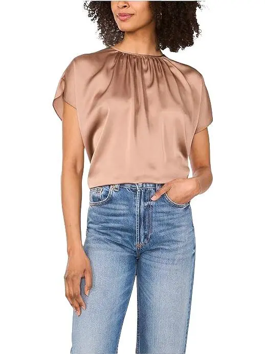 Vince Camuto Shirred Neck Short Sleeve Top - Gray