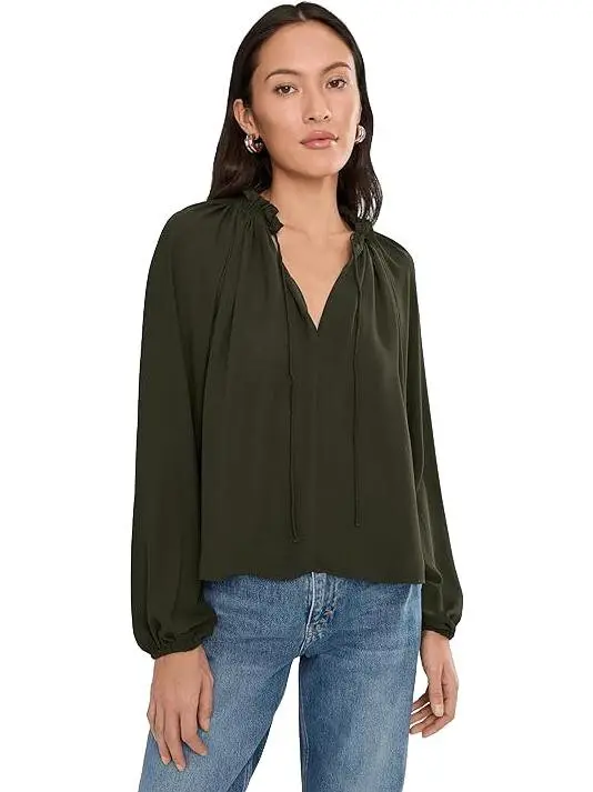 Madewell Nayla Top Split Neck Tie Detail Long Sleeve Blouse - Olive
