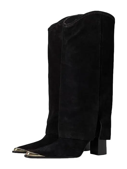 Schutz Raffaela Up Cloak Suede Knee-high Boots With Gold Toe Cap - Black