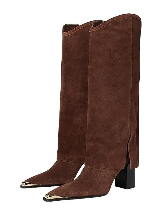 Schutz Raffaela Up Cloak Suede Knee-high Boots With Gold Toe Cap - Brown