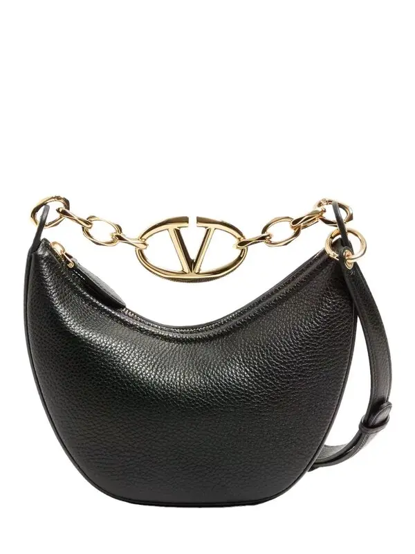 Valentino Garavani Mini Vlogo Moon Bag In Grainy Calfskin With Chain - Black