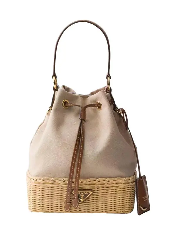 Prada Wicker And Canvas Bucket Bag - Neutrals