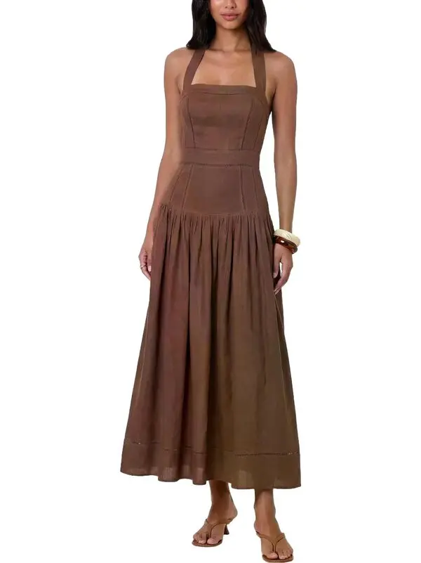 NICHOLAS Halterneck Gathered Midi Dress - Brown