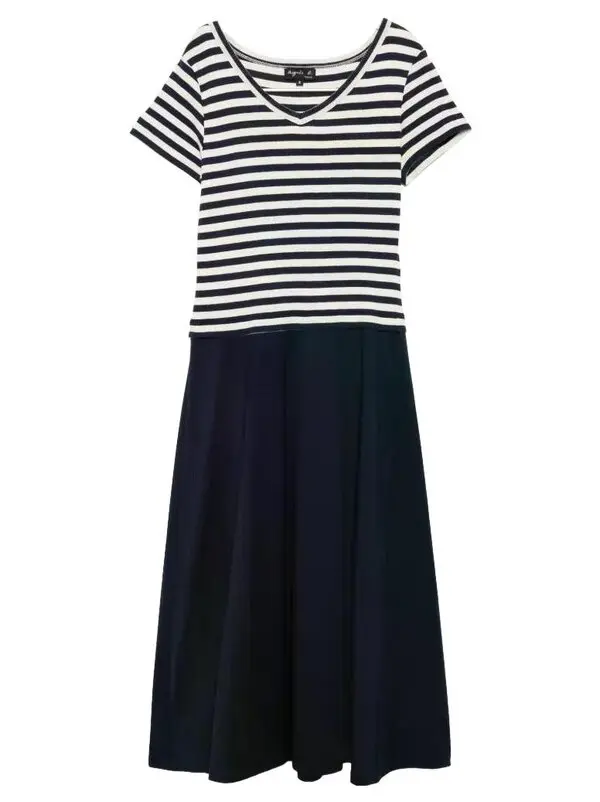 AGNES B. Striped Midi Dress With V-neck And Logo Patch - Blue