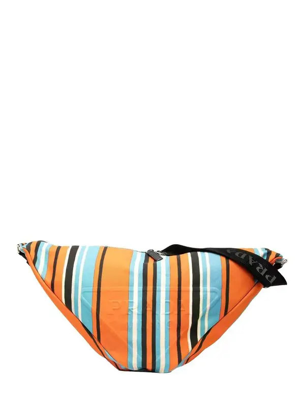 Prada Canvas Striped Triangle Logo Shoulder Bag - Blue