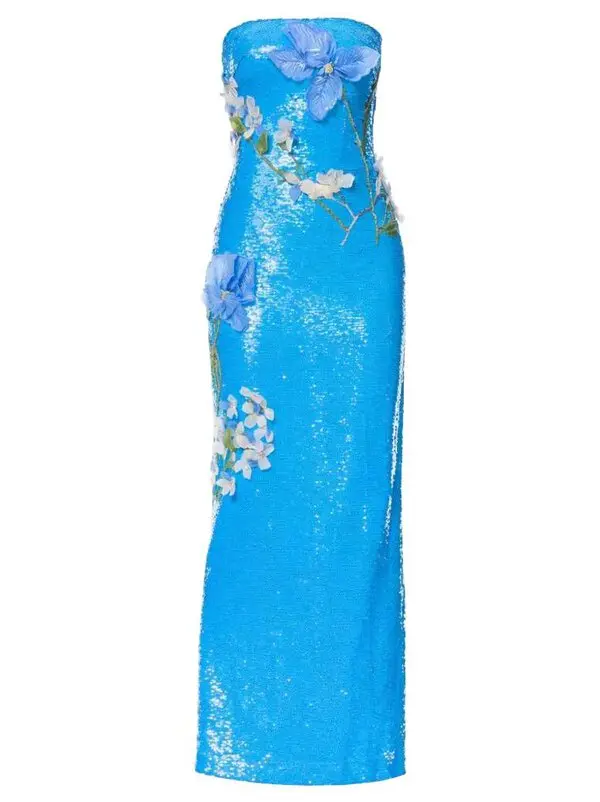 Monique Lhuillier Iris Sequined Floral Appliqué Gown - Blue