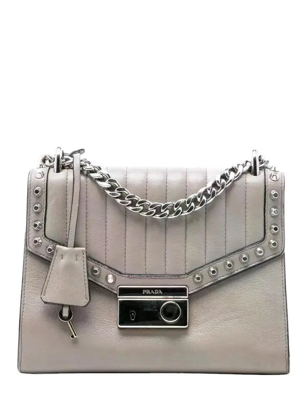Prada Studded Glace Calf Sound Lock Crossbody Bag - Grey