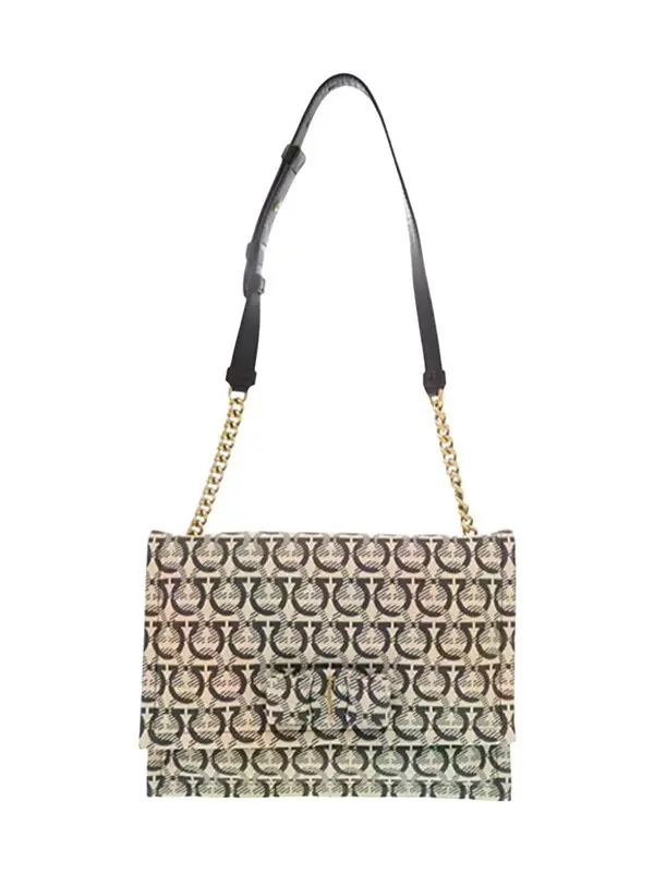 FERRAGAMO Gancini Canvas Viva Bow Shoulder Bag - Neutrals