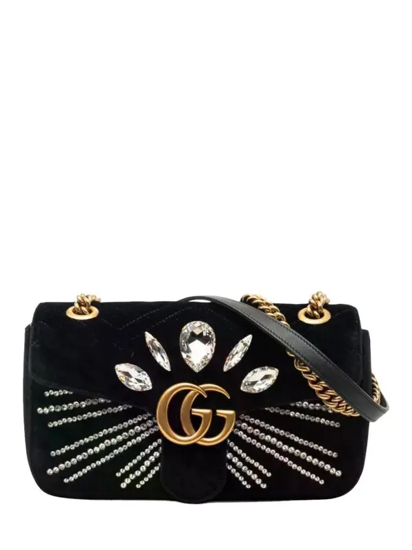 Gucci Gg Marmont Matelasse Velvet Crystal Embellished Shoulder Bag - Black
