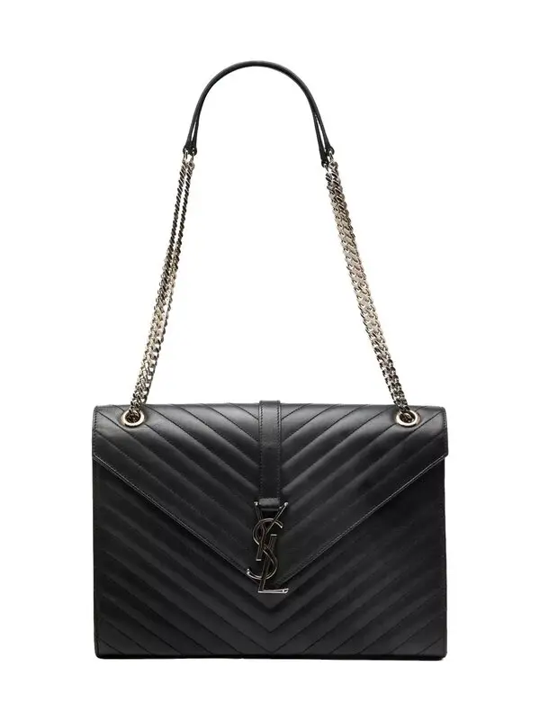 Saint Laurent Calfskin Chevron Monogram Envelope Bag - Black