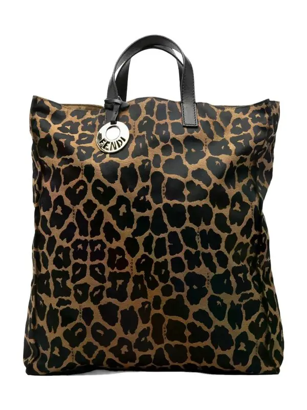 Fendi Leopard Print Canvas Tote Bag With Leather Handles - Brown