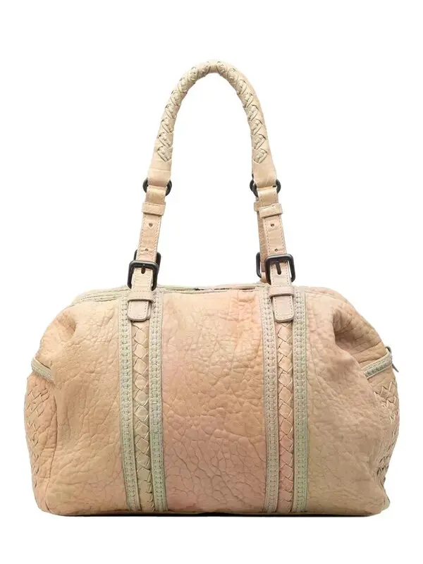 Bottega Veneta Intrecciato Trimmed Pebbled Lambskin Top Handle Bag - Neutrals