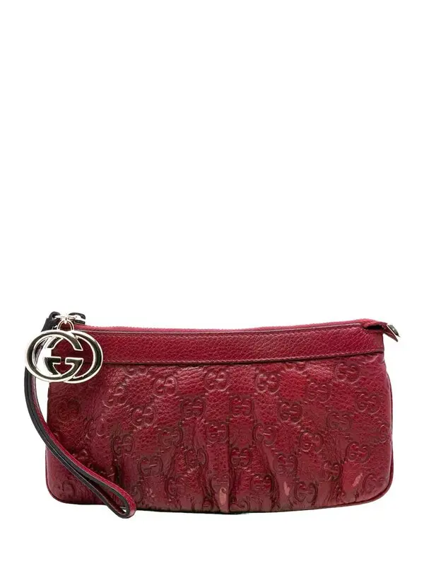 Gucci Embossed Leather Wristlet Clutch Bag - Red