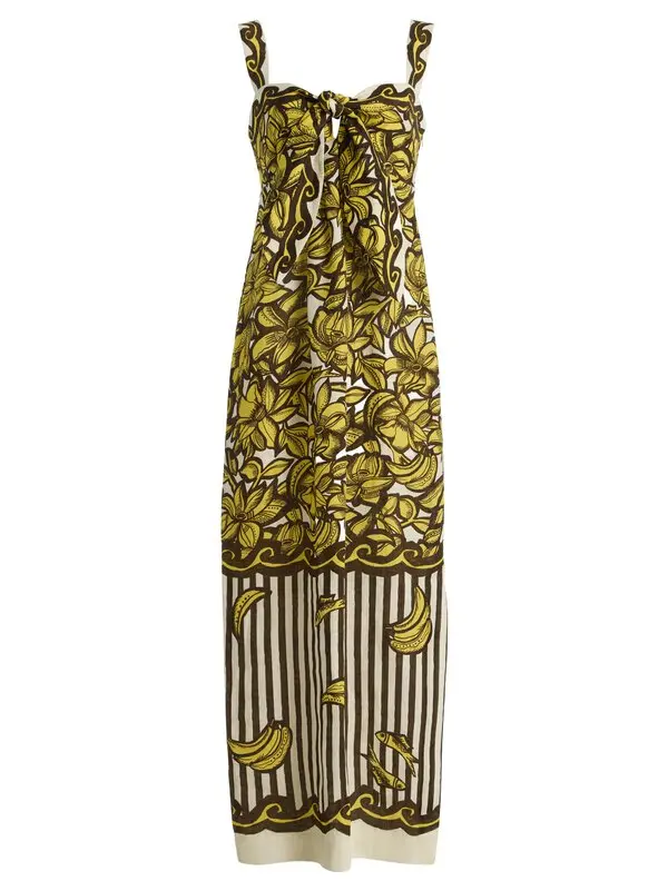 ALEMAIS Mona Printed Hemp Midi Dress With Smocked Back - Yellow