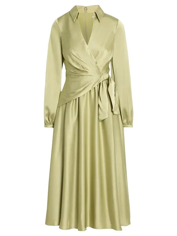 Badgley Mischka Hammered Satin Midi Dress With Bow Detail - Sage Green