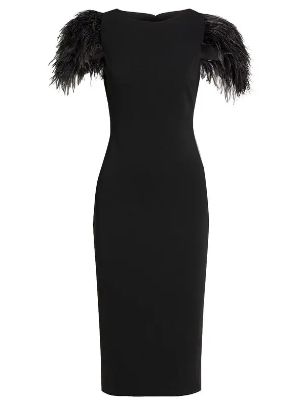 Badgley Mischka Feather Trimmed Crepe Dress - Black